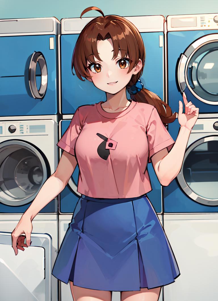 Anime girl in a pink shirt and blue skirt standing in front of a washer ...