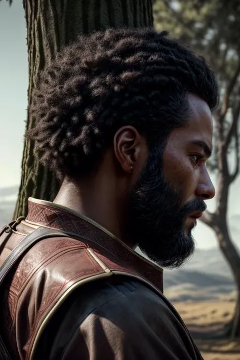 A man with a beard and a leather jacket standing in front of a tree ...