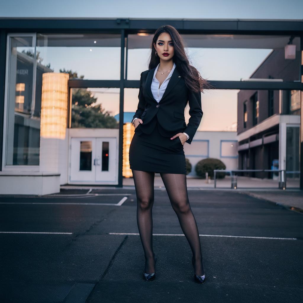 Arafed woman in a black skirt suit and black shoes posing for a picture ...