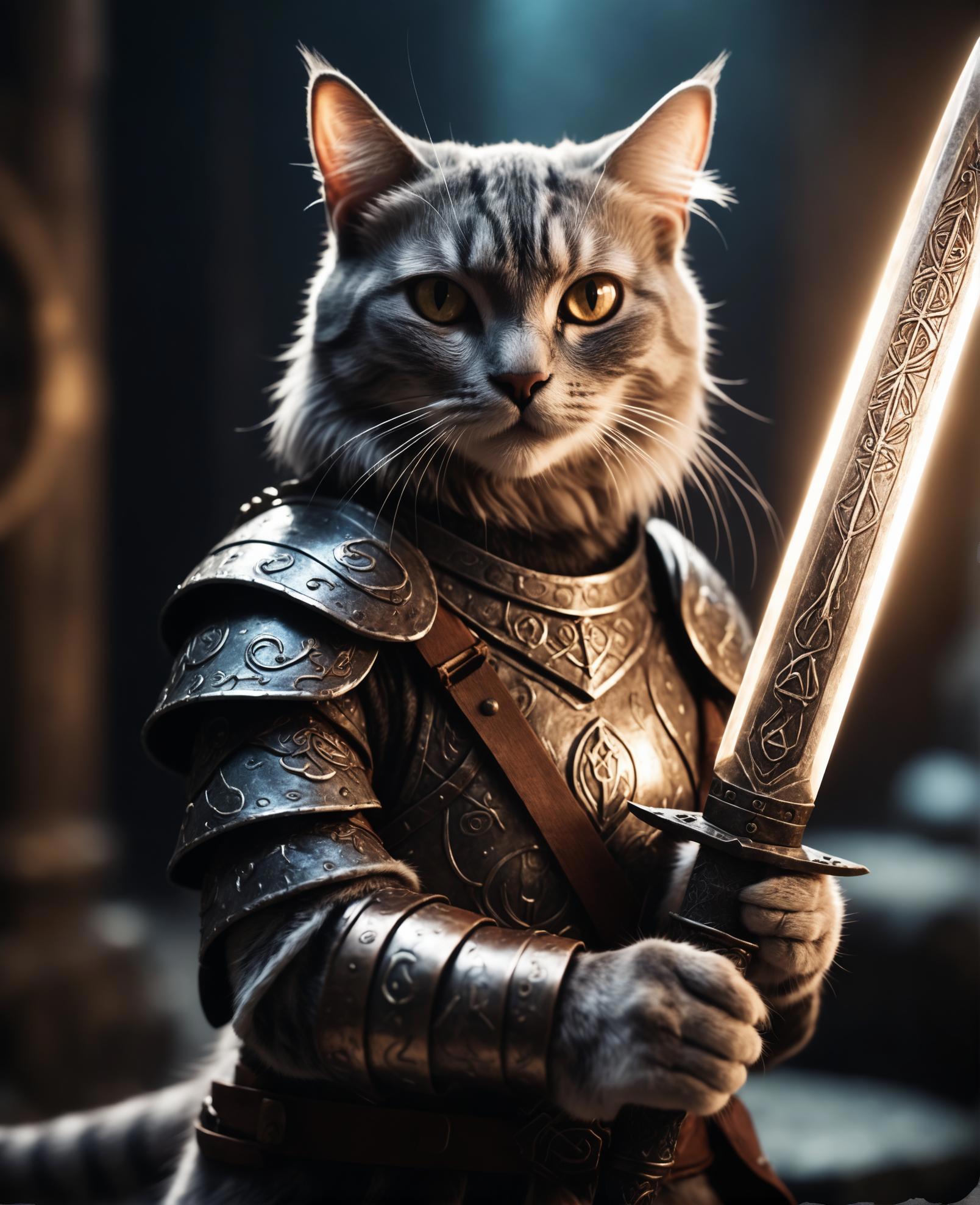 A close up of a cat dressed in armor holding a sword - SeaArt AI