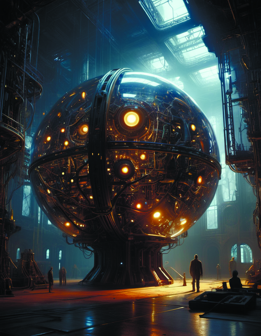 A man standing in front of a giant metal sphere in a building - SeaArt AI