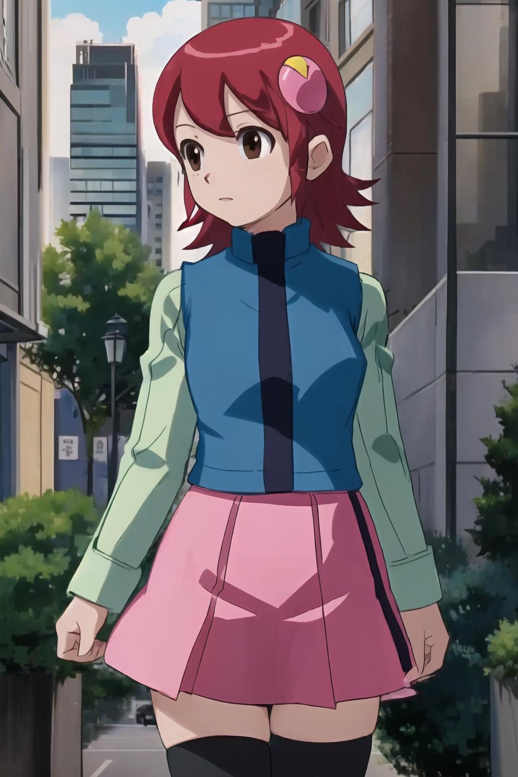 A woman in a pink skirt and blue shirt walking down a street - SeaArt AI