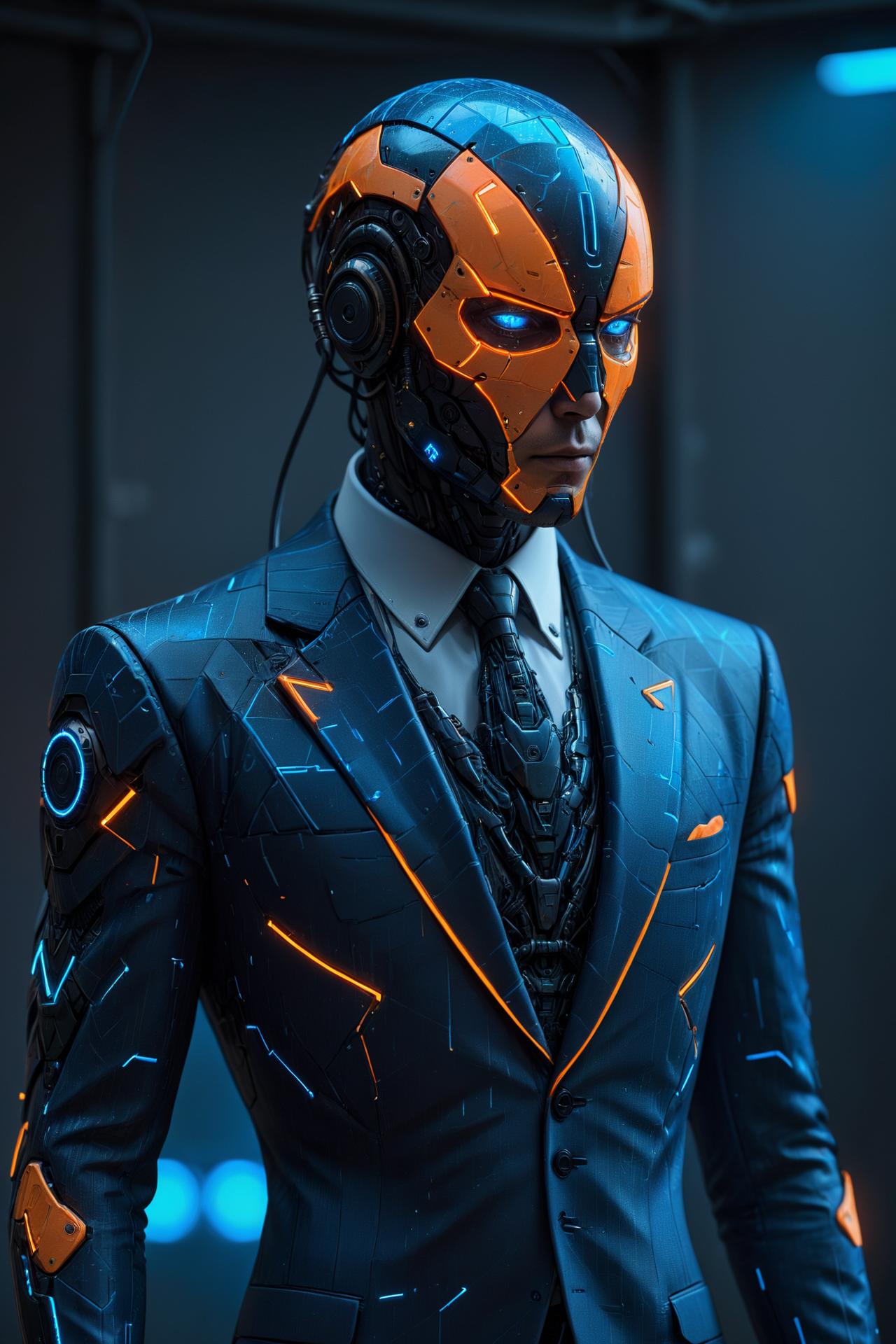 (noface:1.4), cyborg painted in blue and orange mad - SeaArt AI