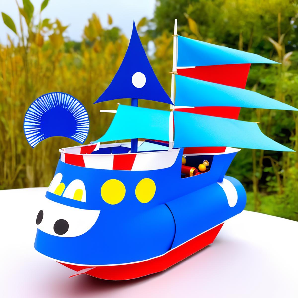 A close up of a toy boat with a blue sail - SeaArt AI
