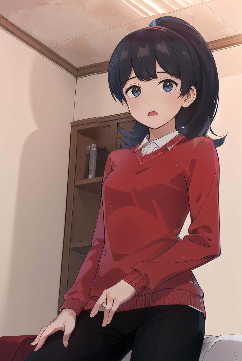 Anime girl sitting on a chair in a room with a bookcase - SeaArt AI