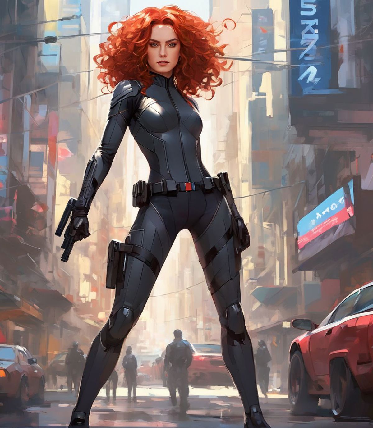 A woman in a black widow suit standing on a city street - SeaArt AI