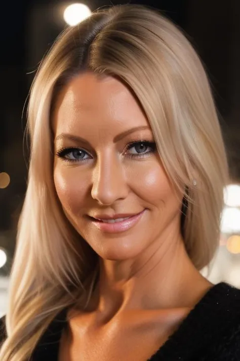 Una mujer con el pelo largo rubio y ojos azules posando para una foto ...