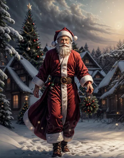 Santa claus walking through the snow with a christmas tree in the ...