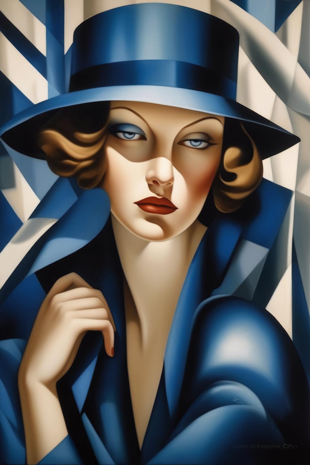 A painting of a woman wearing a blue hat and a blue coat - SeaArt AI