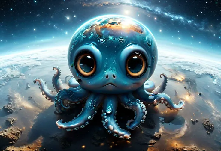 A close up of a blue octopus with a planet in the background - SeaArt AI