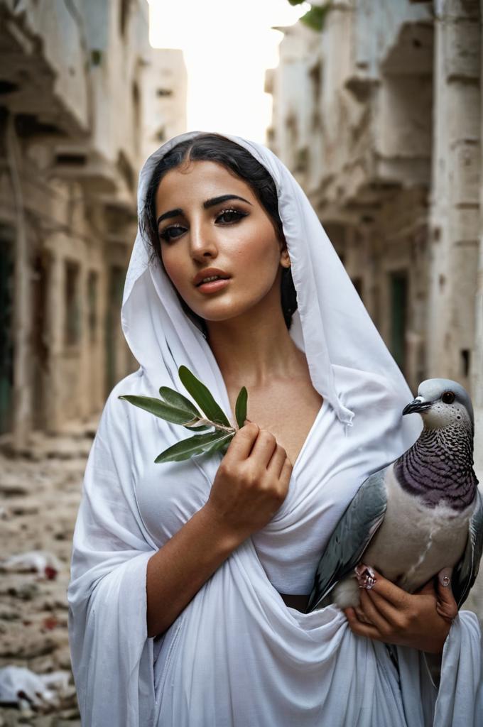 Araffe woman in white dress holding a pigeon in a street - SeaArt AI