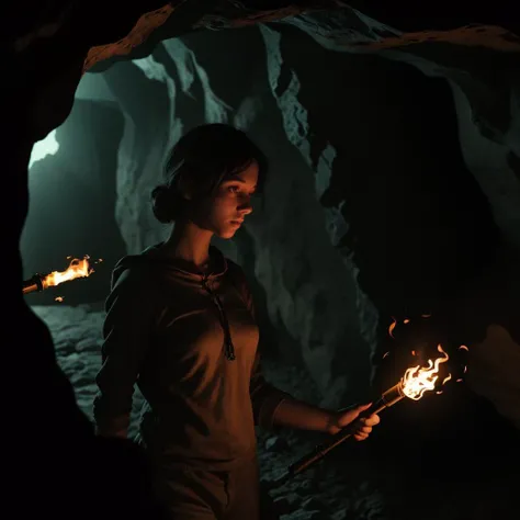A woman holding a fire stick in a cave with a light - SeaArt AI