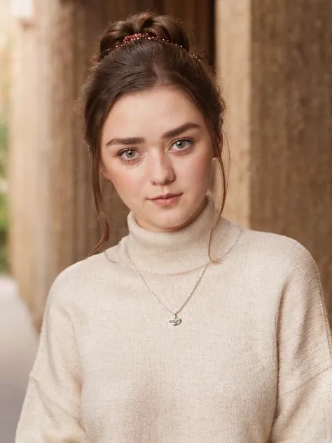 A close up of a woman wearing a sweater and a necklace - SeaArt AI