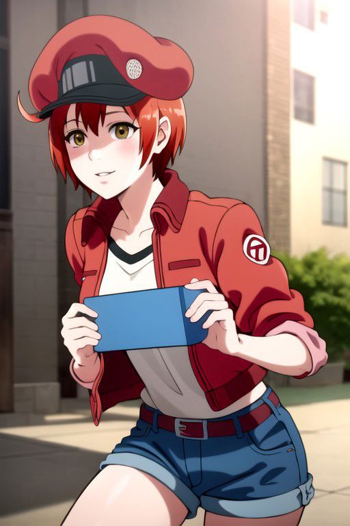 A woman in a red jacket and blue shorts holding a tablet - SeaArt AI