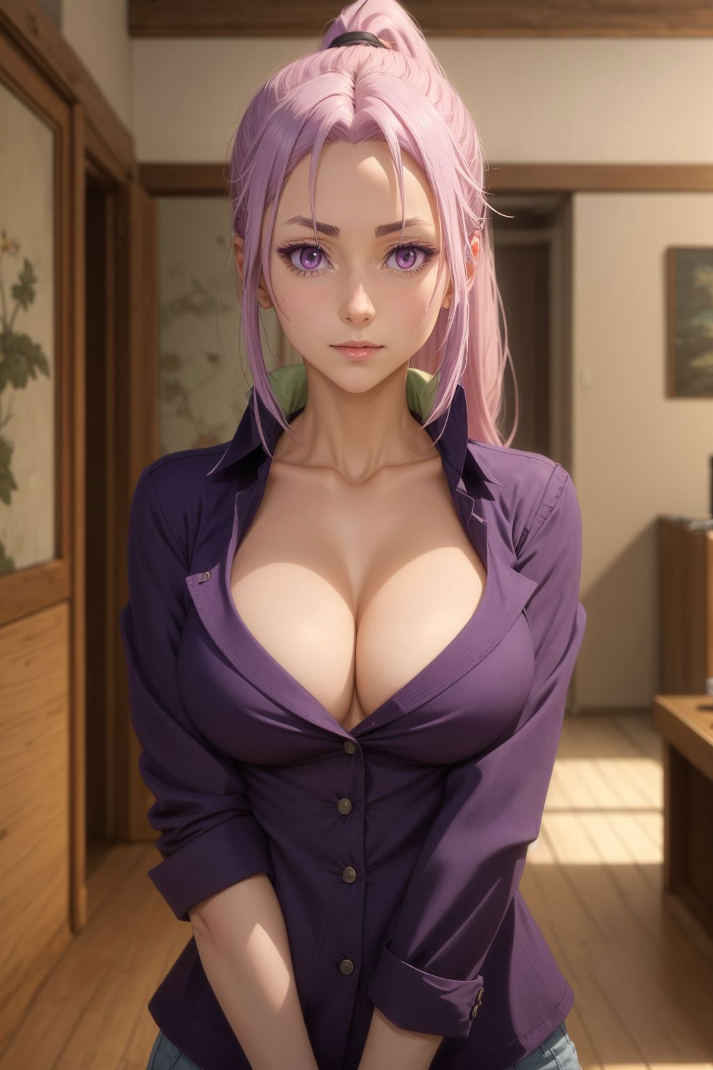 A woman with purple hair and a purple shirt posing in a room - SeaArt AI