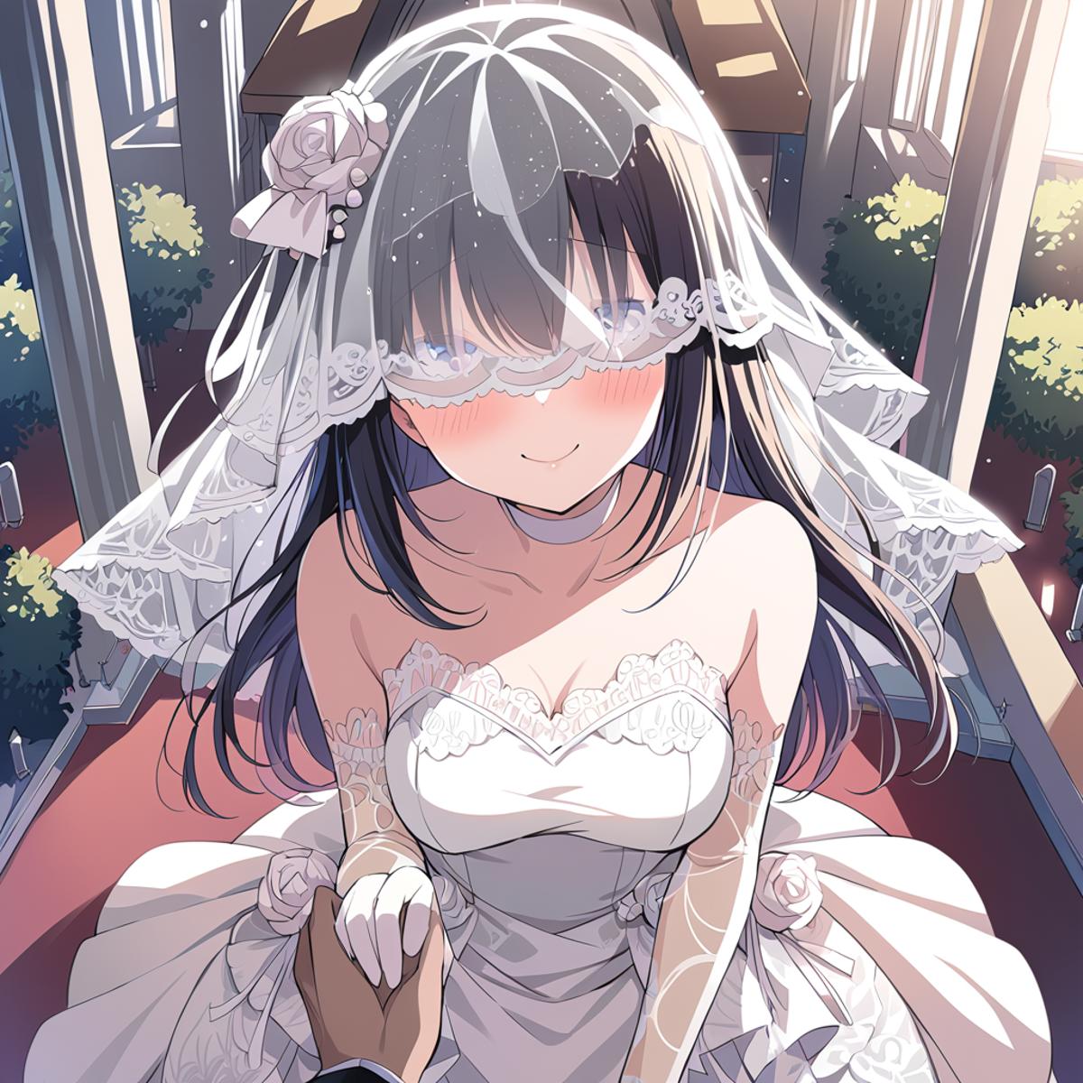 Anime bride in a wedding dress sitting on the floor - SeaArt AI