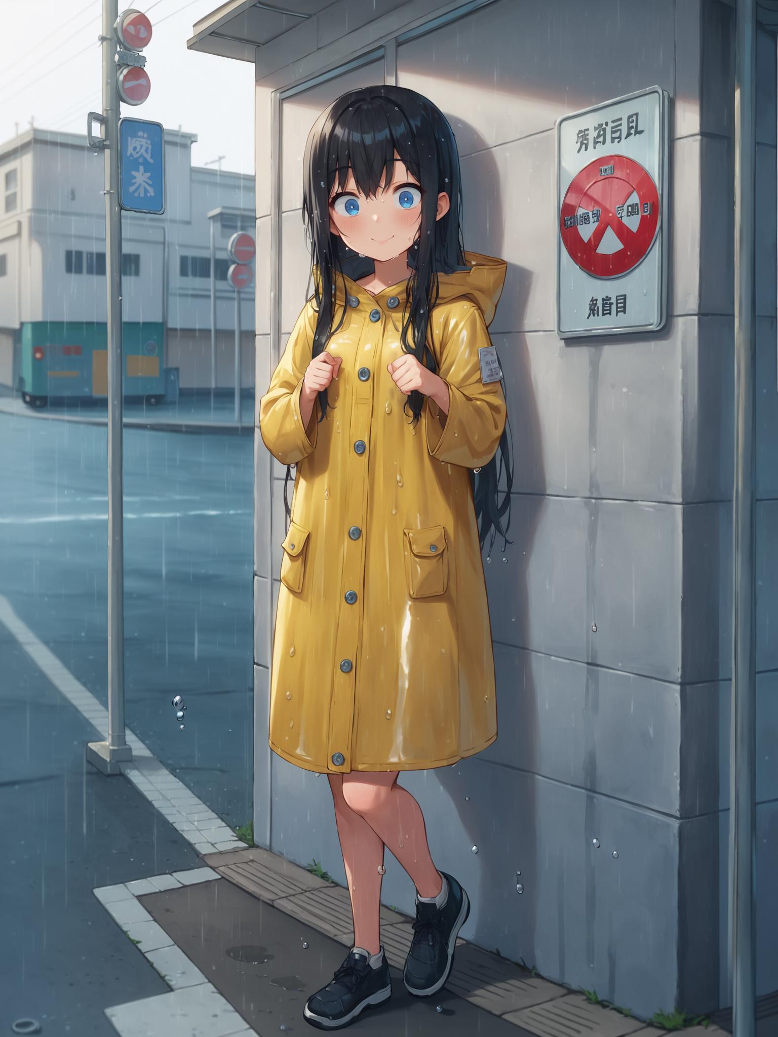 Anime girl in yellow raincoat standing on sidewalk next to building ...