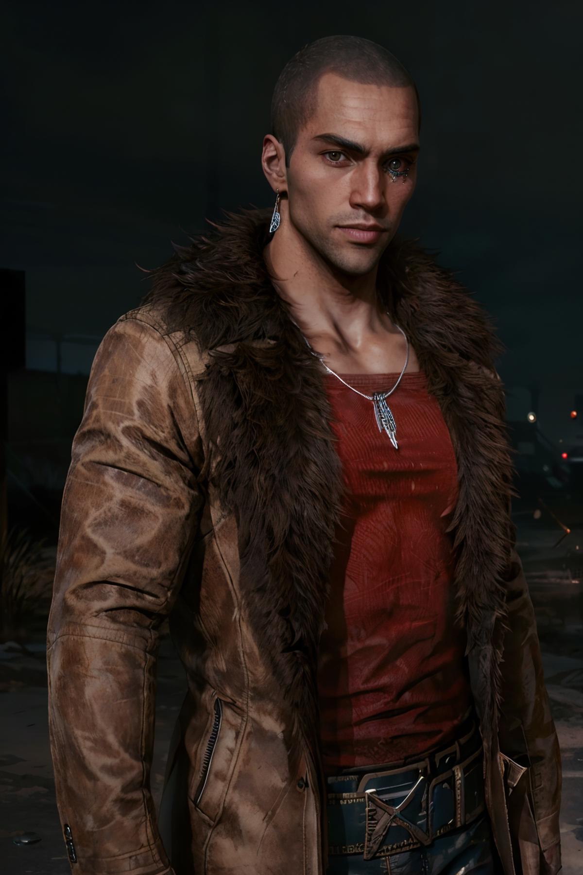 A close up of a man in a brown jacket and a red shirt - SeaArt AI