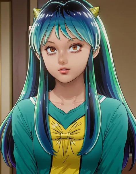 A woman with long blue hair and a yellow shirt - SeaArt AI