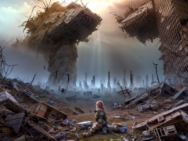 Arafed image of a woman sitting in a destroyed city - SeaArt AI