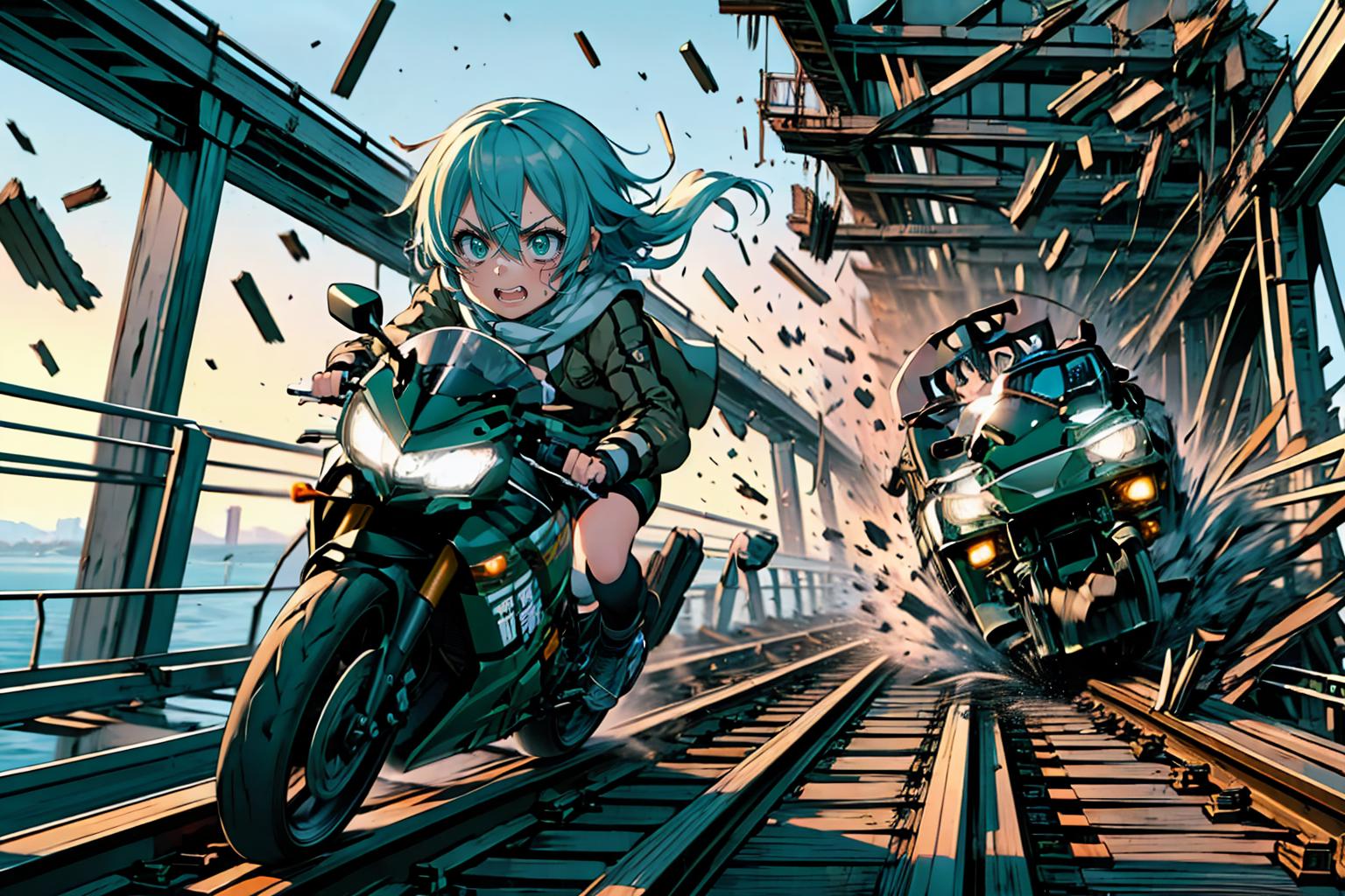 Anime girl riding a motorcycle on a bridge with another girl on a ...