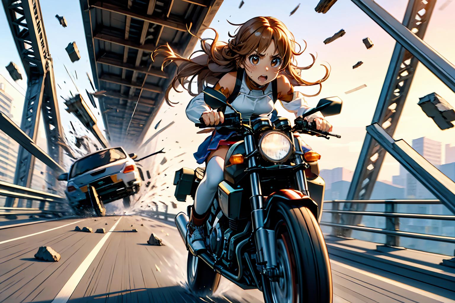 Anime girl riding a motorcycle on a bridge with a car in the background ...