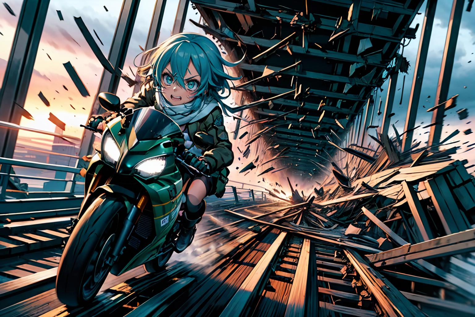 Anime girl riding a motorcycle on a bridge with a sky background ...