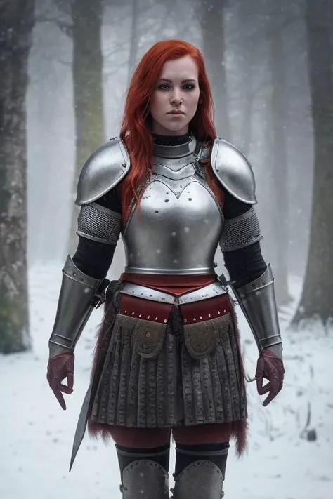 A woman in armor standing in a snowy forest - SeaArt AI