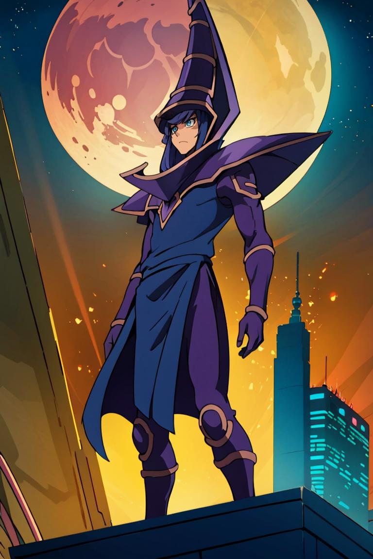 A cartoon image of a man in a wizard costume standing on a roof - SeaArt AI