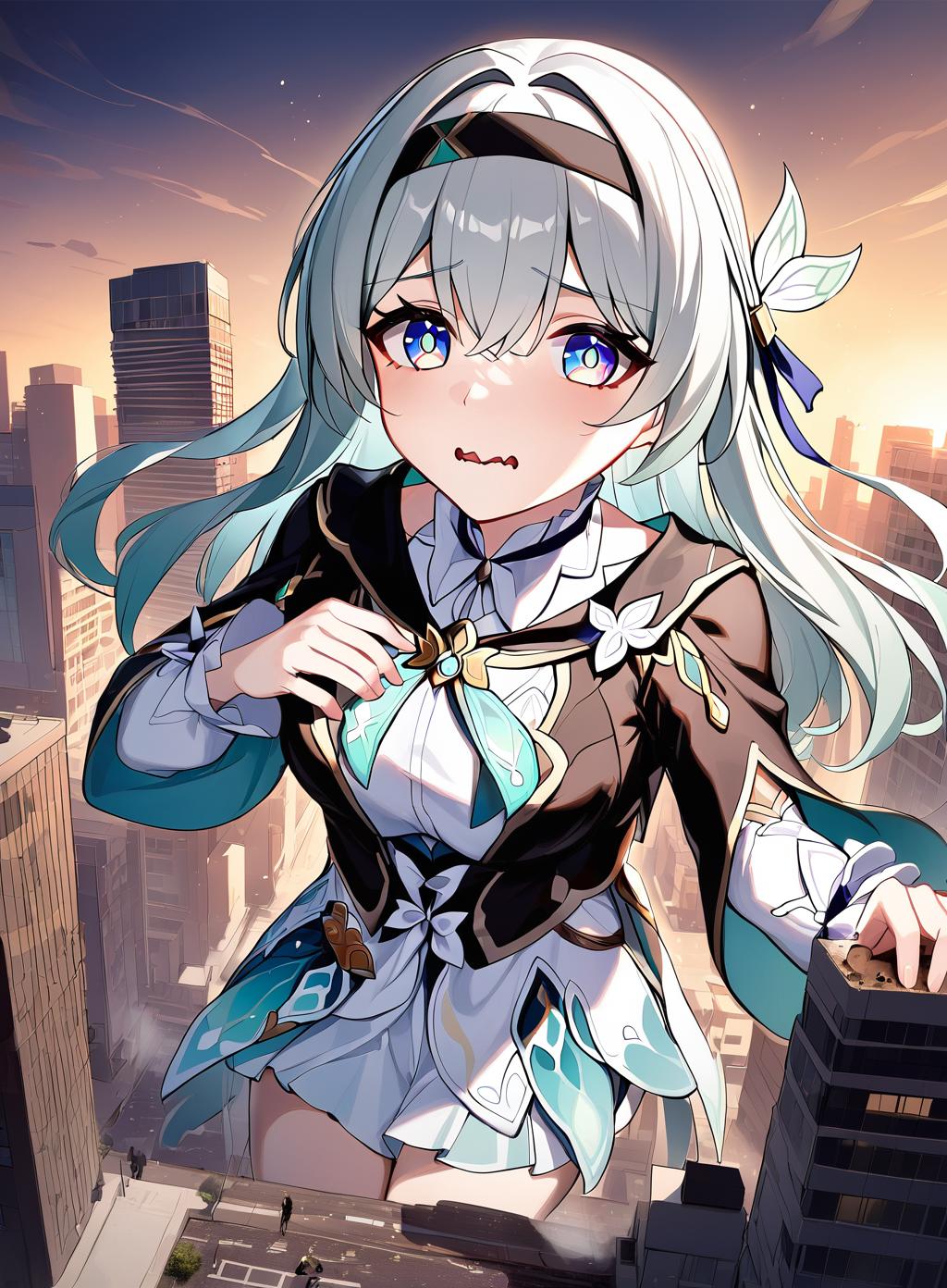 Anime girl with long white hair and blue eyes standing on a skyscraper ...