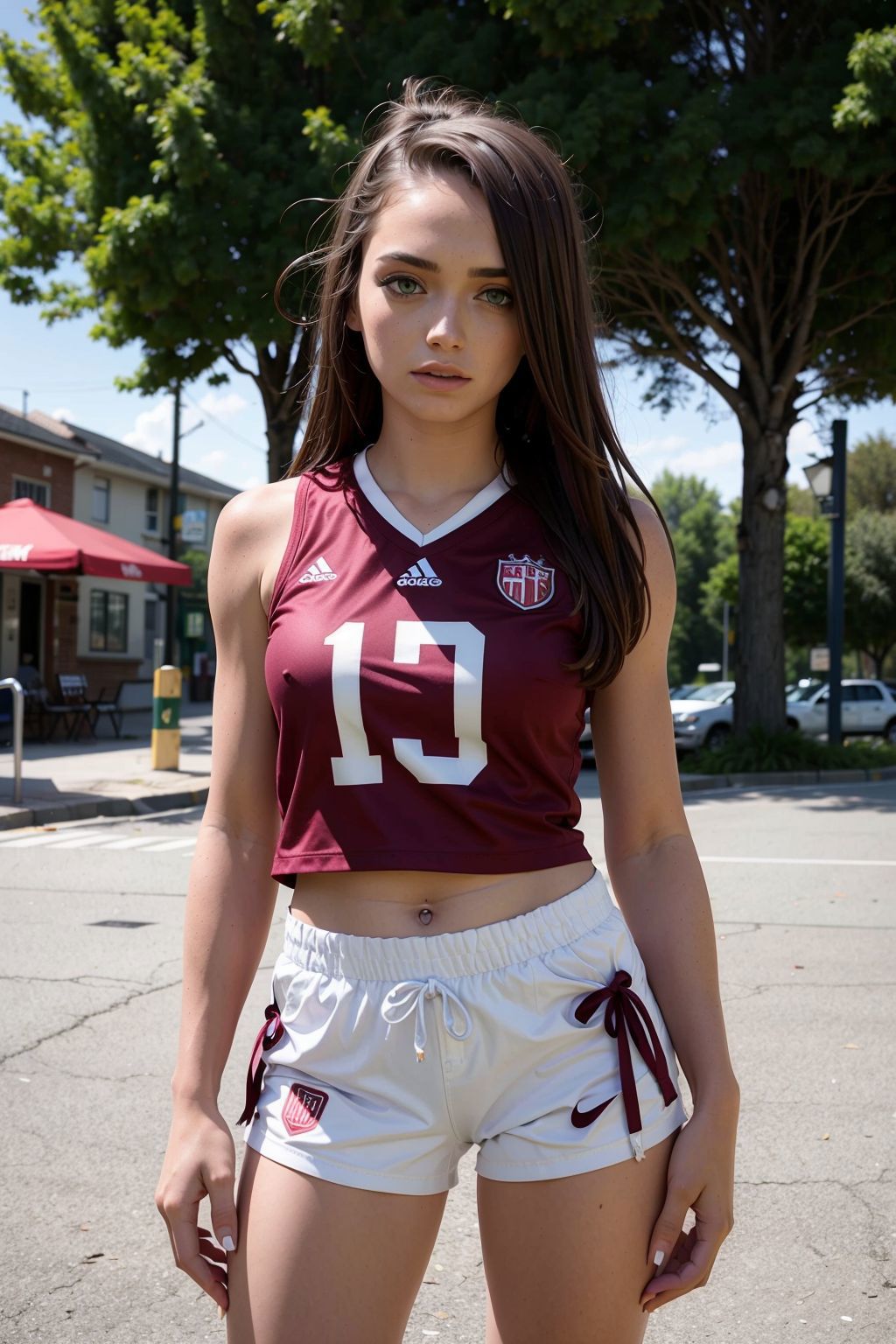 Arafed woman in a maroon and white uniform posing for a picture - SeaArt AI