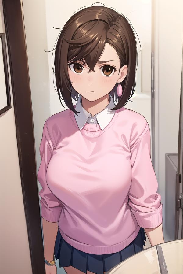 A woman in a pink shirt and blue skirt standing in front of a mirror - SeaArt AI