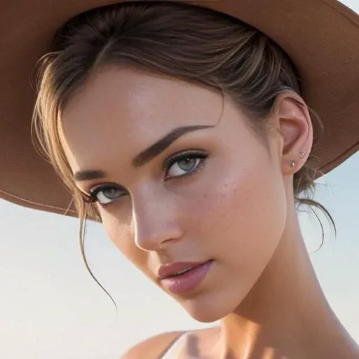 A close up of a woman wearing a hat and a white top - SeaArt AI