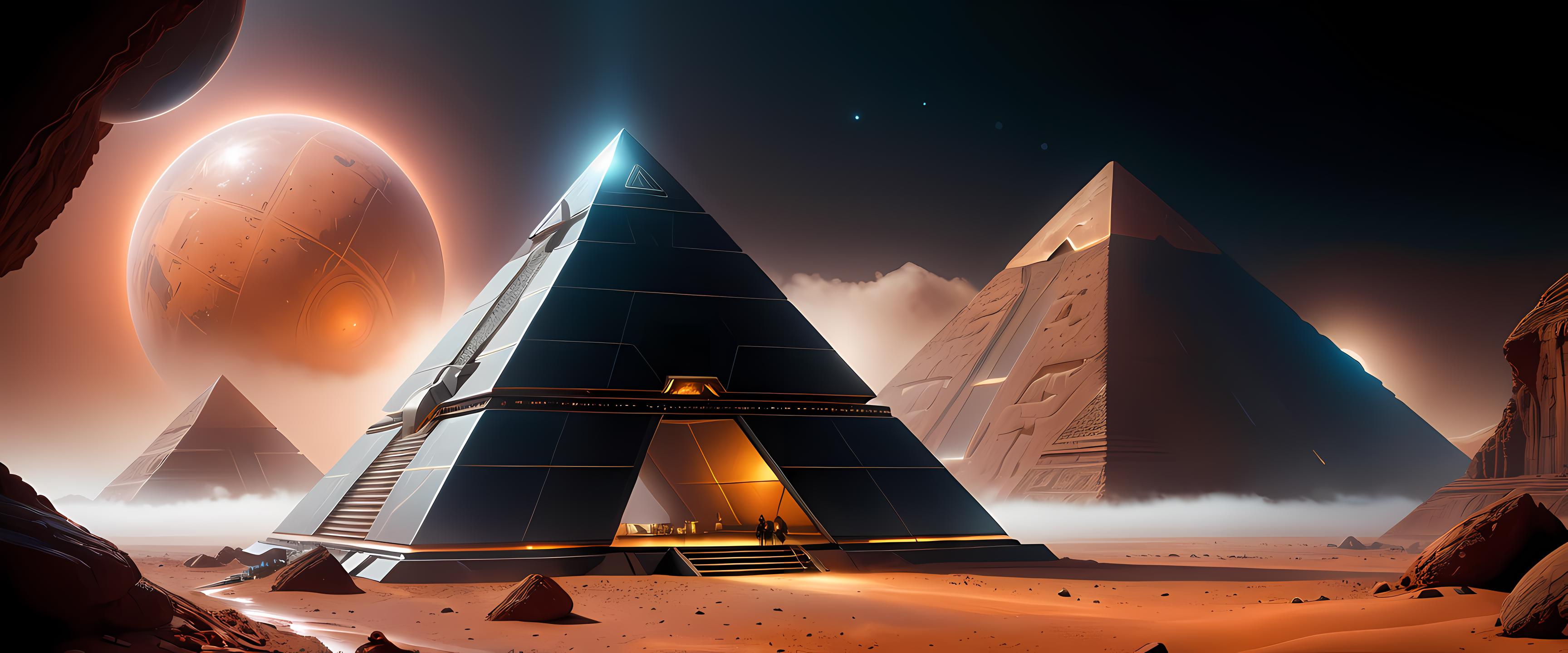 A group of pyramids in the desert with a planet in the background ...