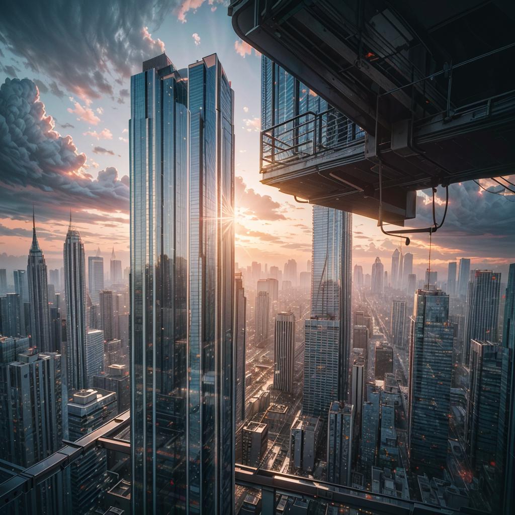 A view of a city from a high rise building with a sunset - SeaArt AI