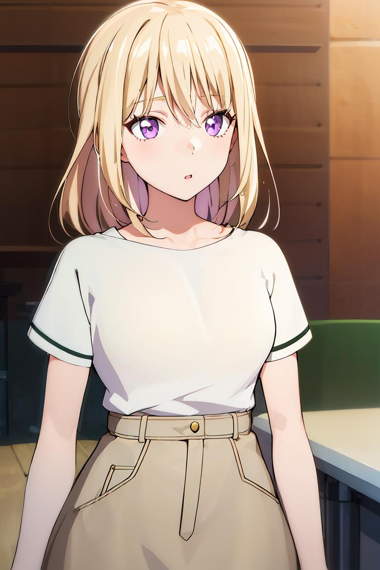 A woman in a white shirt and tan skirt standing in a kitchen - SeaArt AI