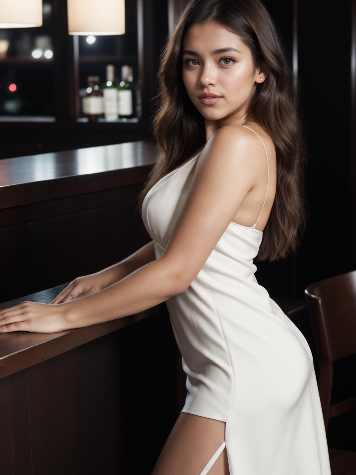 A woman in a white dress leaning on a bar with a glass of wine - SeaArt AI