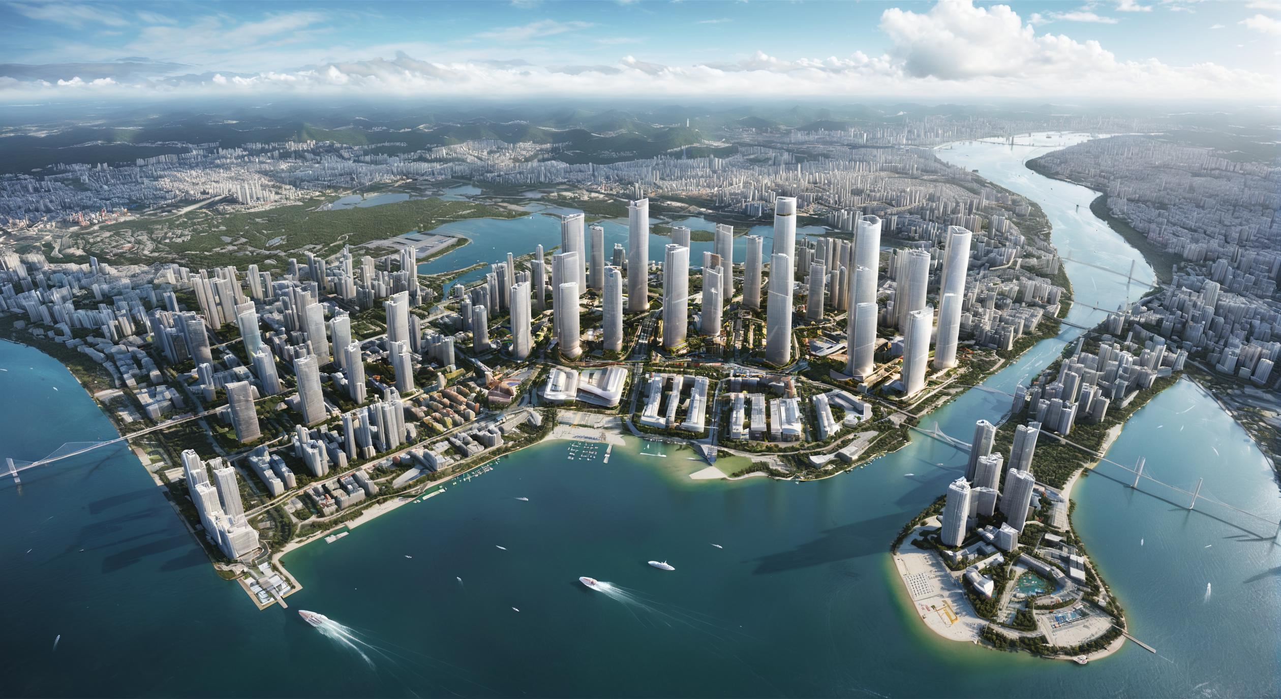 An aerial view of a city with a river running through it - SeaArt AI