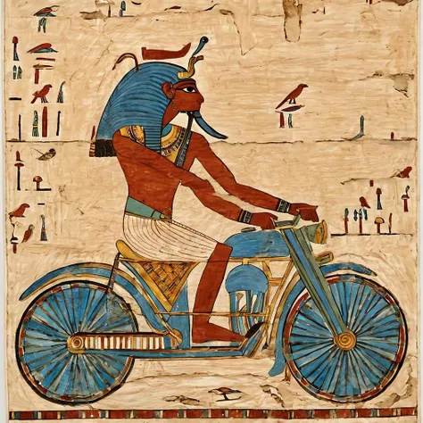 Egyptian painting of a man riding a bike with a bird on the back - SeaArt AI