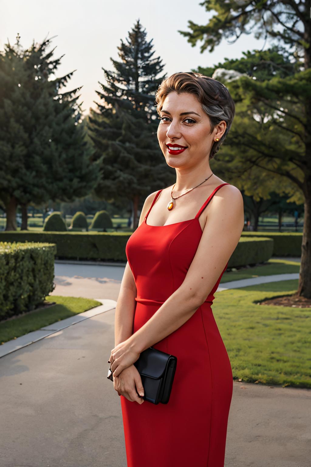 Araffe woman in red dress posing for a picture in a park - SeaArt AI