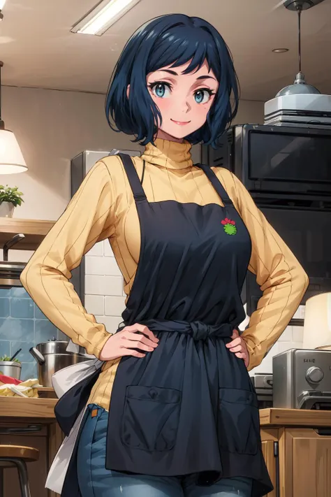 Anime girl in apron standing in kitchen with food in background - SeaArt AI
