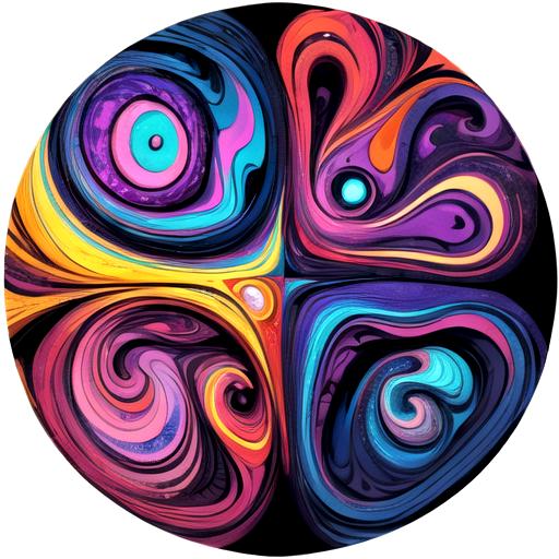 A colorful circular artwork with swirls and circles in the center ...