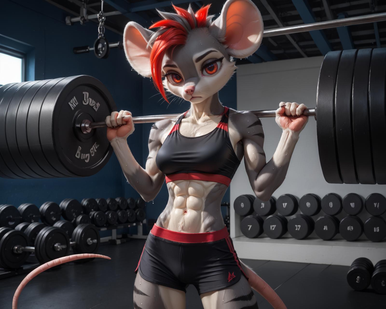 Araffe with a red hair and a black top is holding a barbell - SeaArt AI