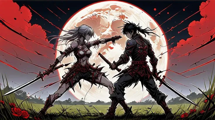 Two anime characters are standing in front of a full moon - SeaArt AI