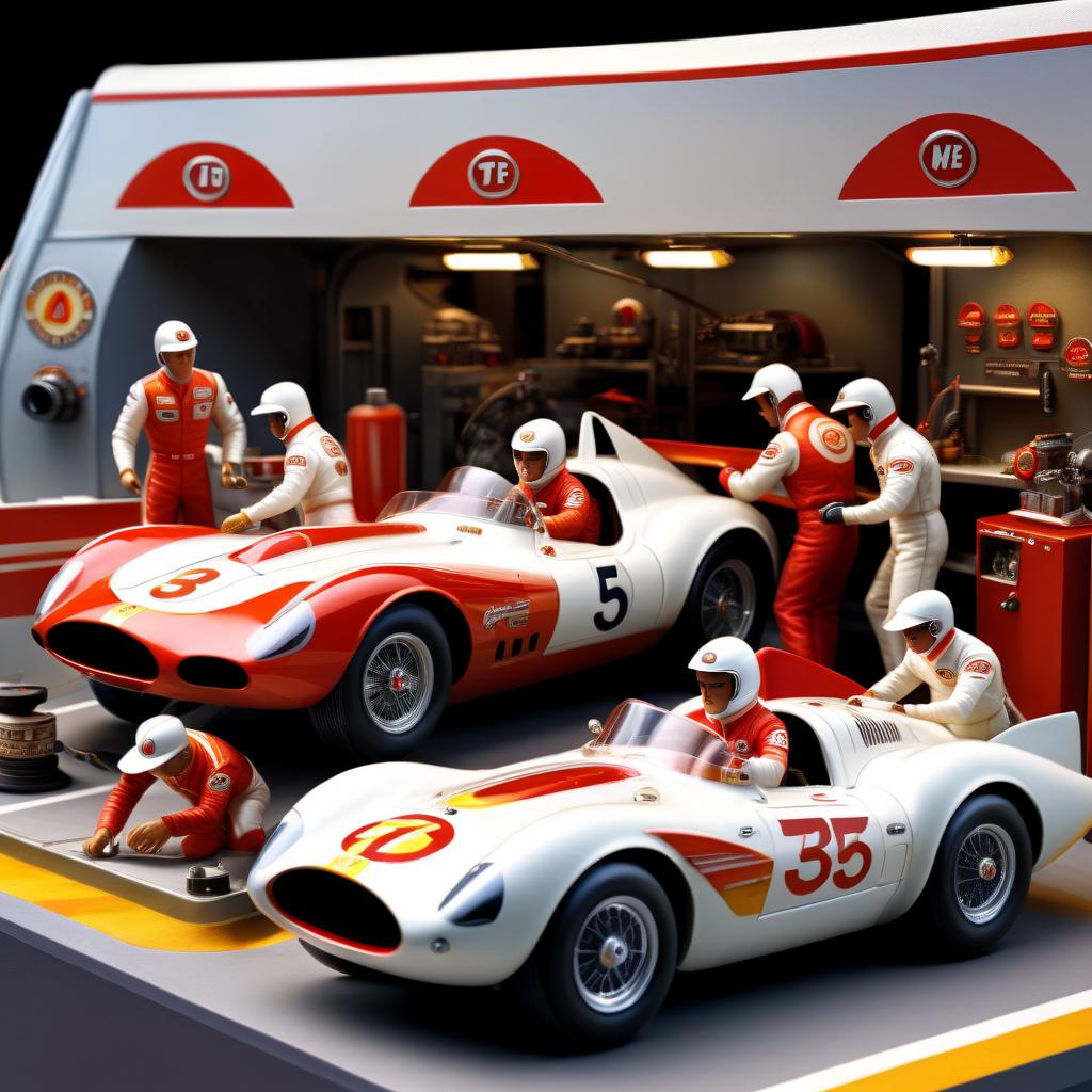 A close up of a model of a race car with a man in a red suit - SeaArt AI