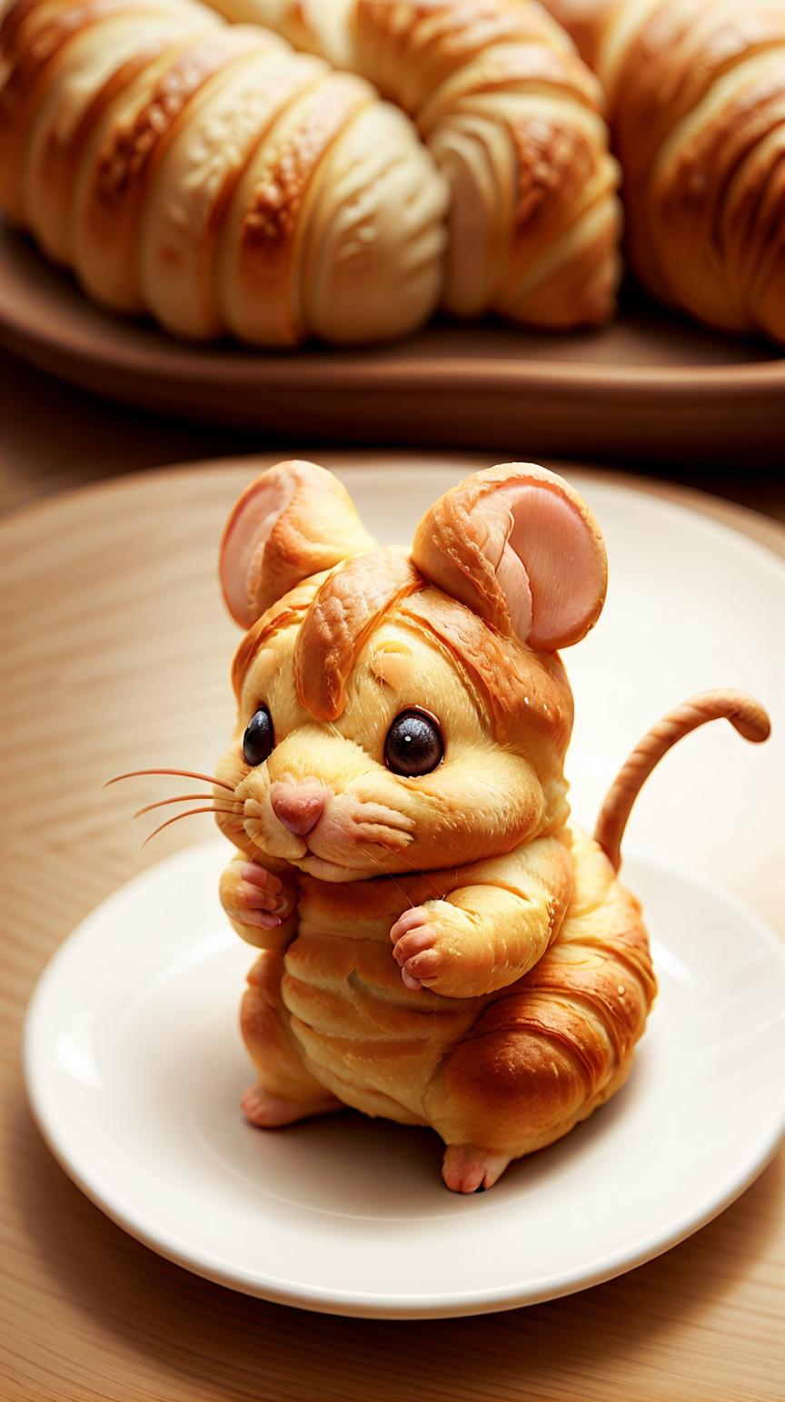 There is a small plate with a pastry shaped like a mouse - SeaArt AI