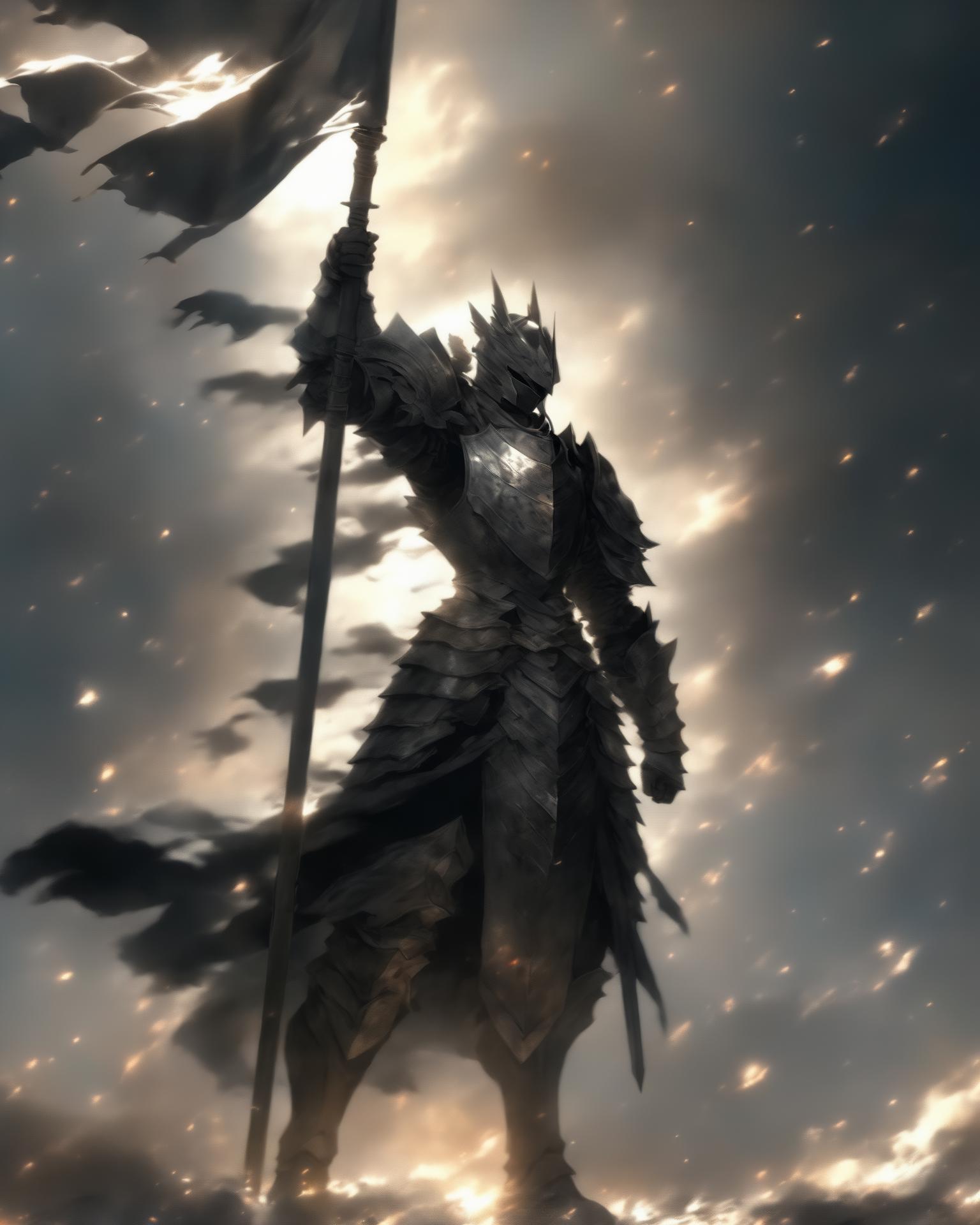 A man in armor holding a flag and a flag pole - SeaArt AI