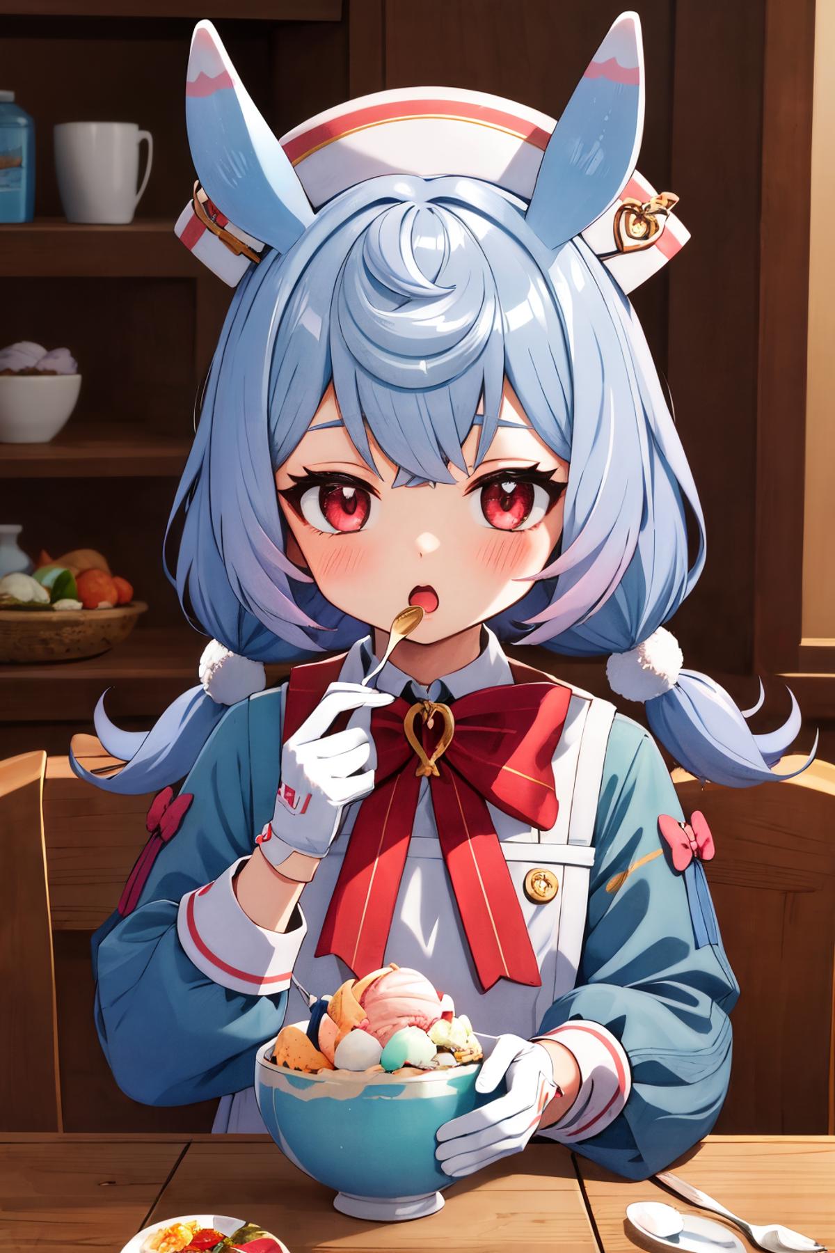 Anime girl eating cereal with a spoon and fork - SeaArt AI
