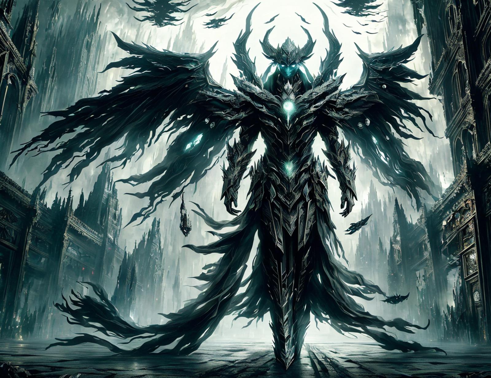 A dark - haired male demon stands in a dark - colored room with a large ...