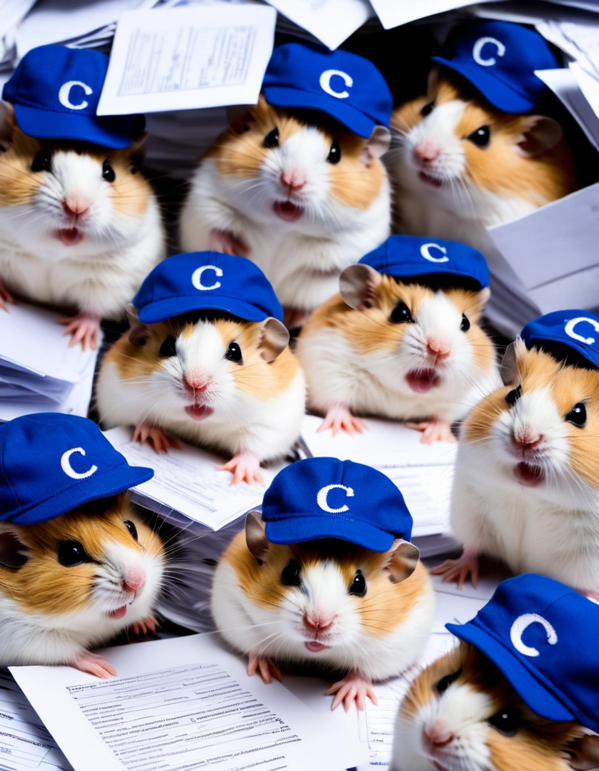 Several hamsters wearing baseball caps are sitting on a pile of papers ...